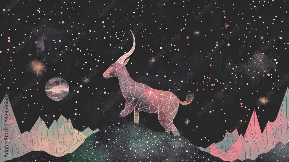 Zodiac sign Capricorn as a mythical goat, climbing a mountain against ...