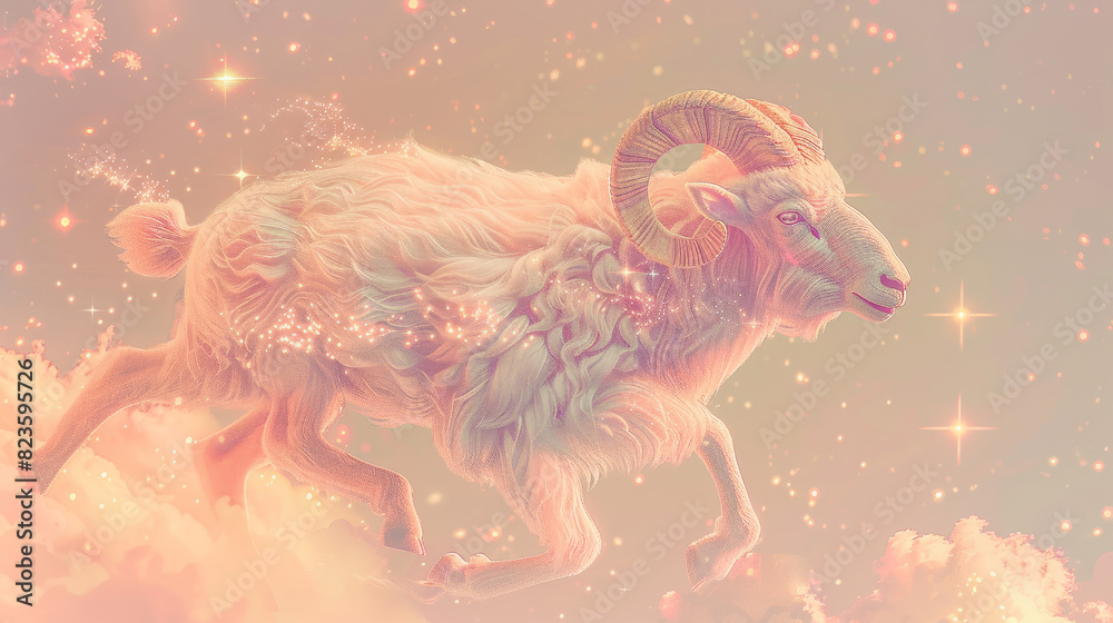 Zodiac sign Aries shown as celestial ram against tranquil starry space ...