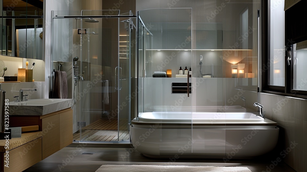 modern bathroom with a smart glass partition that switches from ...