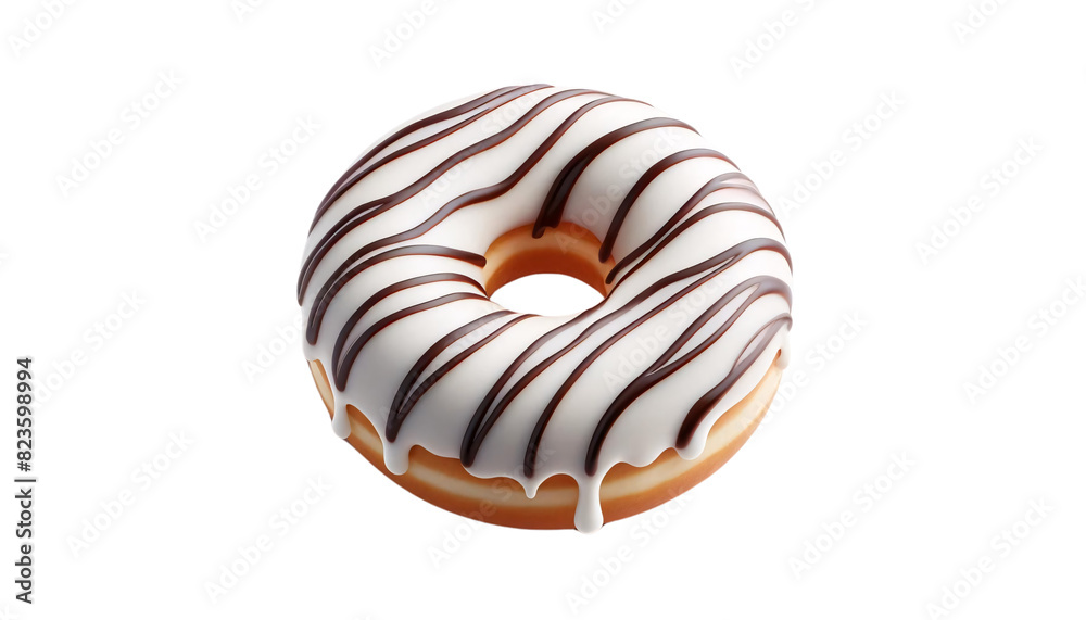 A ring-shaped doughnut with a wavy outline, white glaze, and chocolate ...