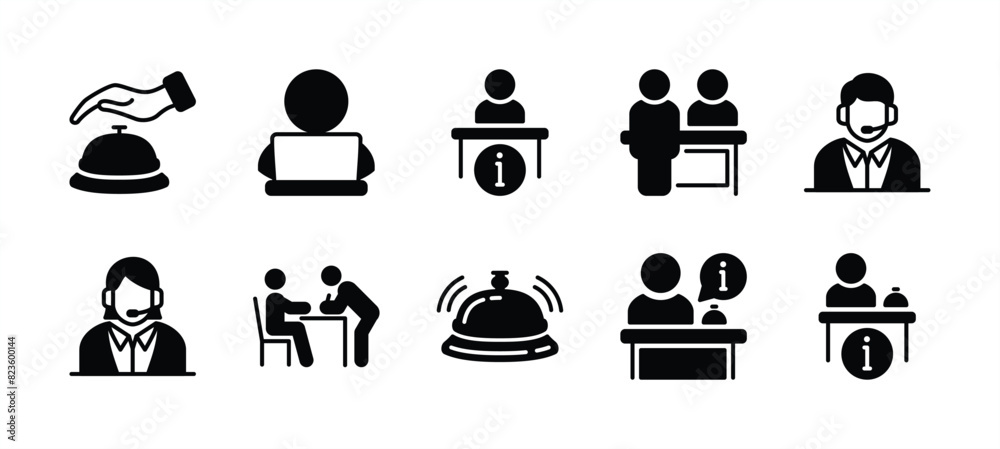 Reception desk icon set. Containing receptionist, hotel bell, customer ...