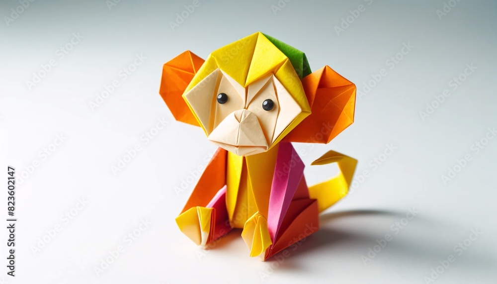 An origami monkey made from colorful paper, showing detailed folds and ...