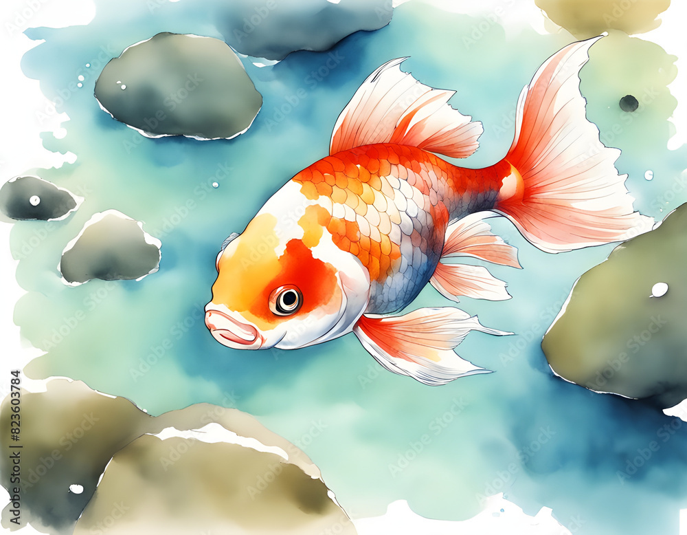 fish, goldfish, killifish, fish, watercolor, japanese style, japanese ...