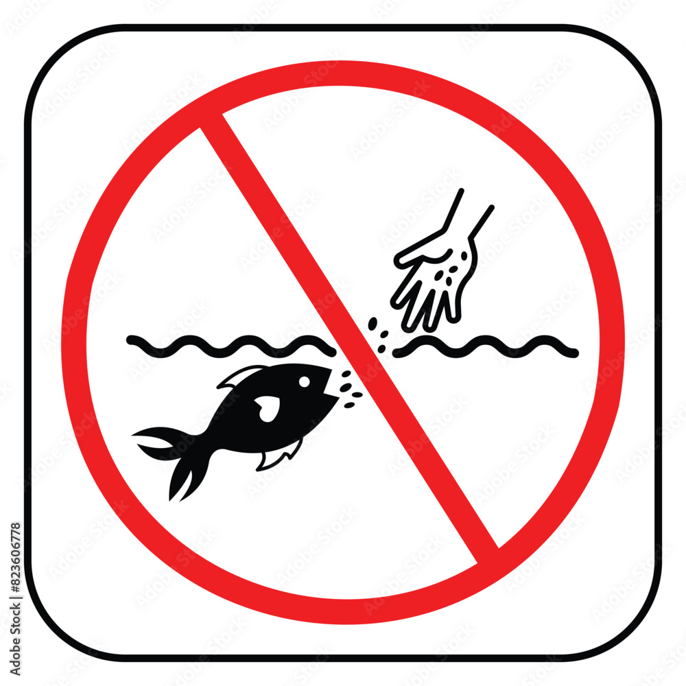 Do not feed the fishes icon illustration sign with red circle cross ...