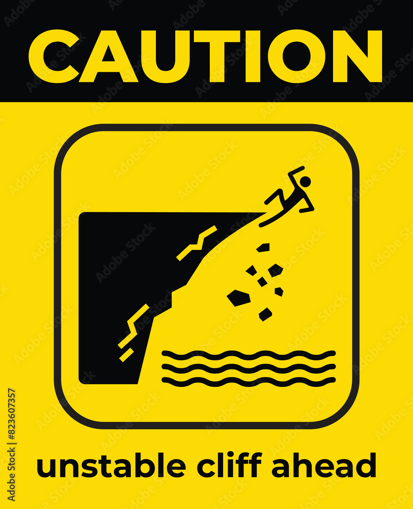 Caution unstable cliff ahead poster banner sign illustration isolated ...