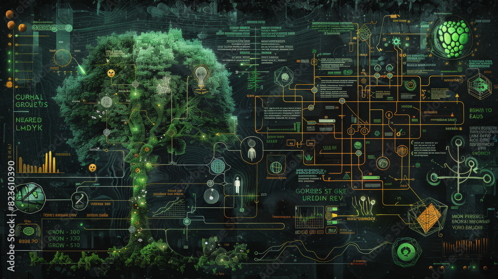 This image depicts a futuristic dashboard with various data ...