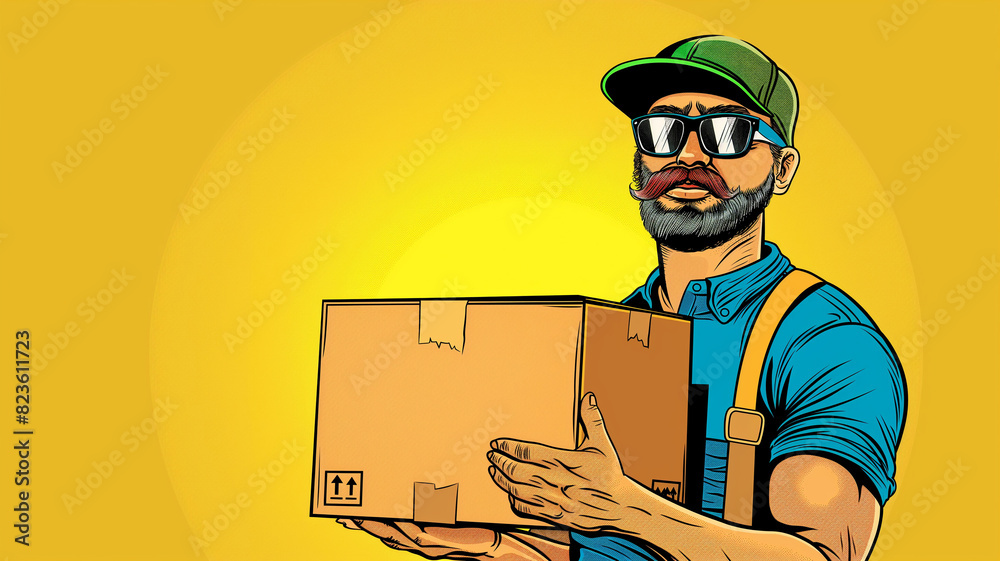 Pop art business concept. Male cargo man yellow background in pop art ...