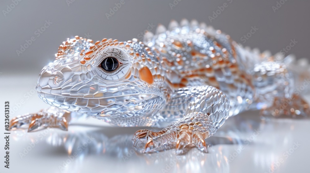 3D tuatara made of clear diamonds, shiny translucent, simple bright ...