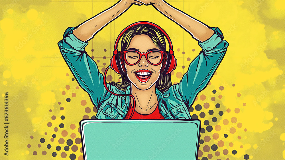 Pop art and business concept. Pop art woman with raised hands sitting ...