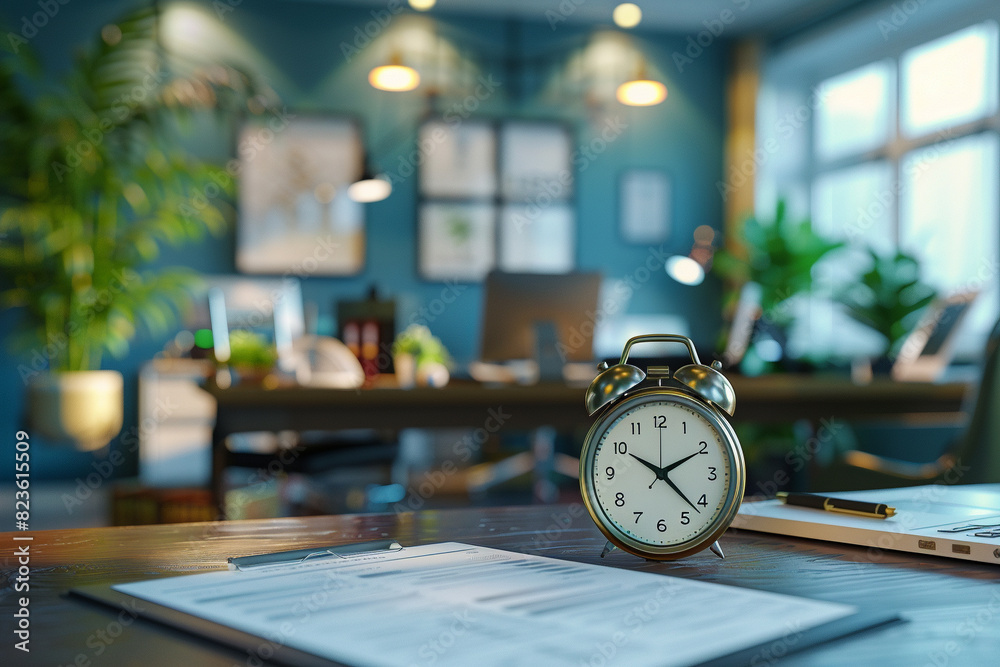 A vintage alarm clock and documents are on an office desk with green ...