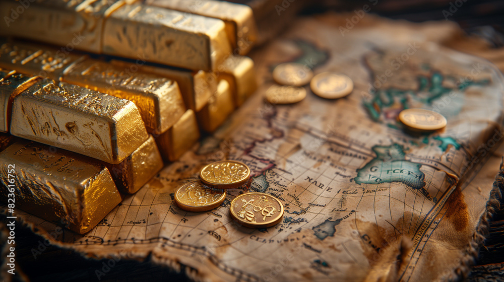 Gold Bars with Treasure Map - Gold bars arranged next to an old ...