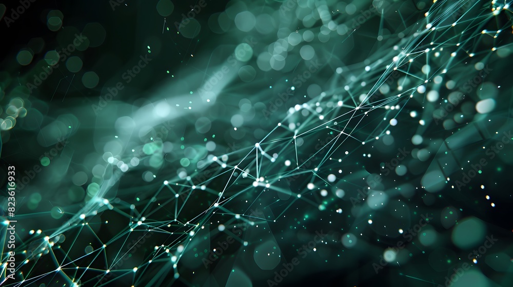Abstract network connections with green particles and lines, representing data flow and digital ...