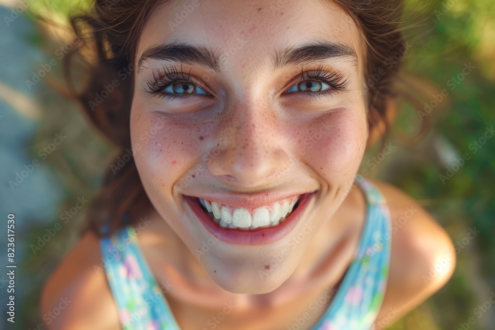 Photorealistic birds-eye view of a smiling young woman with a gap ...