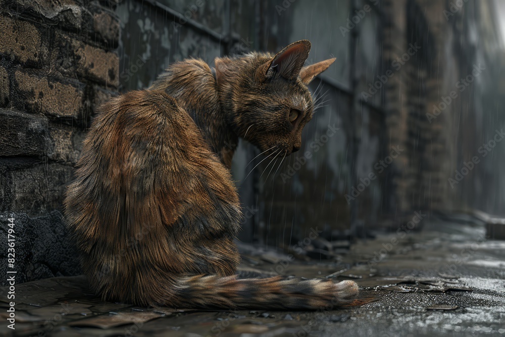 Profile view, an emaciated stray cat with patchy fur, large sorrowful ...