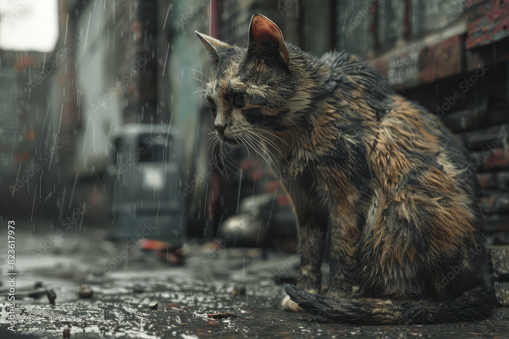 Profile view, an emaciated stray cat with patchy fur, large sorrowful ...