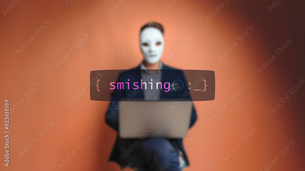 Cybersecurity Concept Smishing On Foreground Screen Hacker Silhouette Hidden With Low Poly Mask