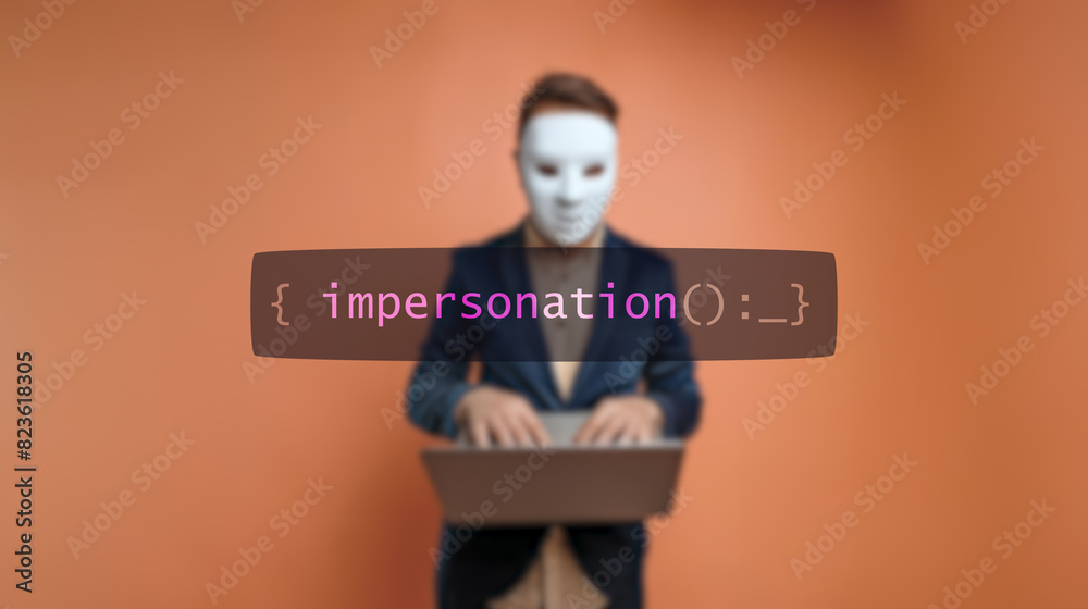 Cybersecurity concept impersonation on foreground screen, hacker silhouette hidden with low poly ...