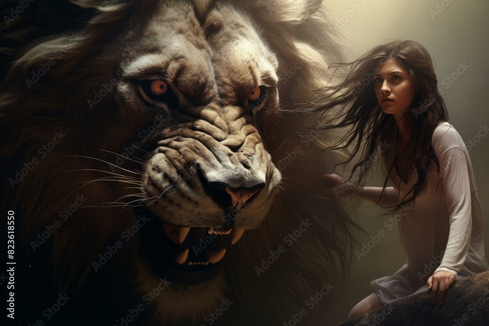 Brave young woman stares intensely at a giant roaring lion in a ...