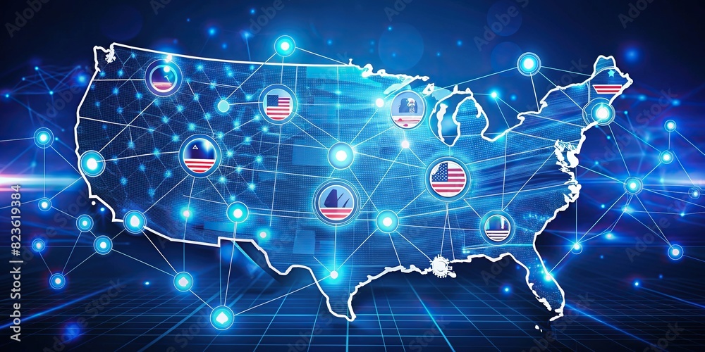 Network diagram mapping out the United States with symbols indicating ...
