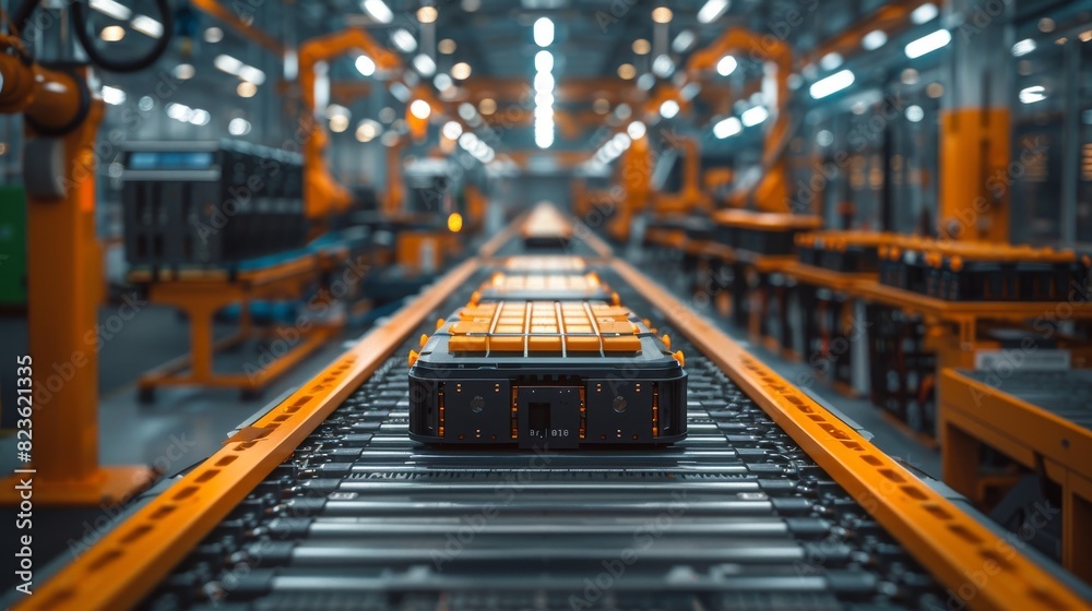 A detailed shot of a singular car battery moving down the conveyor belt ...