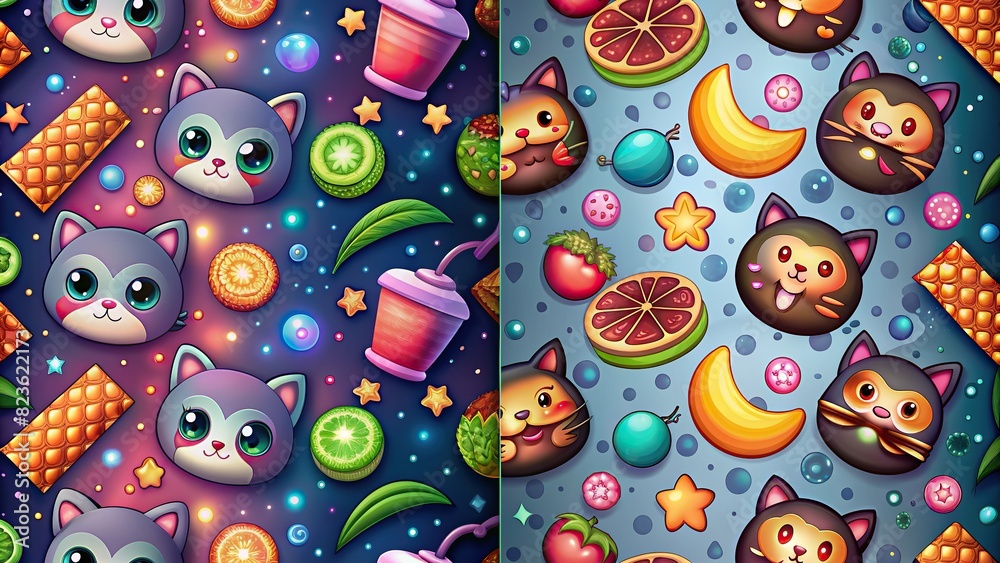 ภาพประกอบสต็อก Vector set of seamless cats and food patterns in cute ...