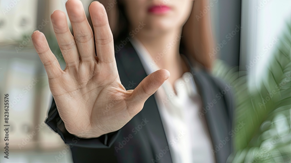 Stop, hand sign and woman with no gesture for sexual harassment and ...