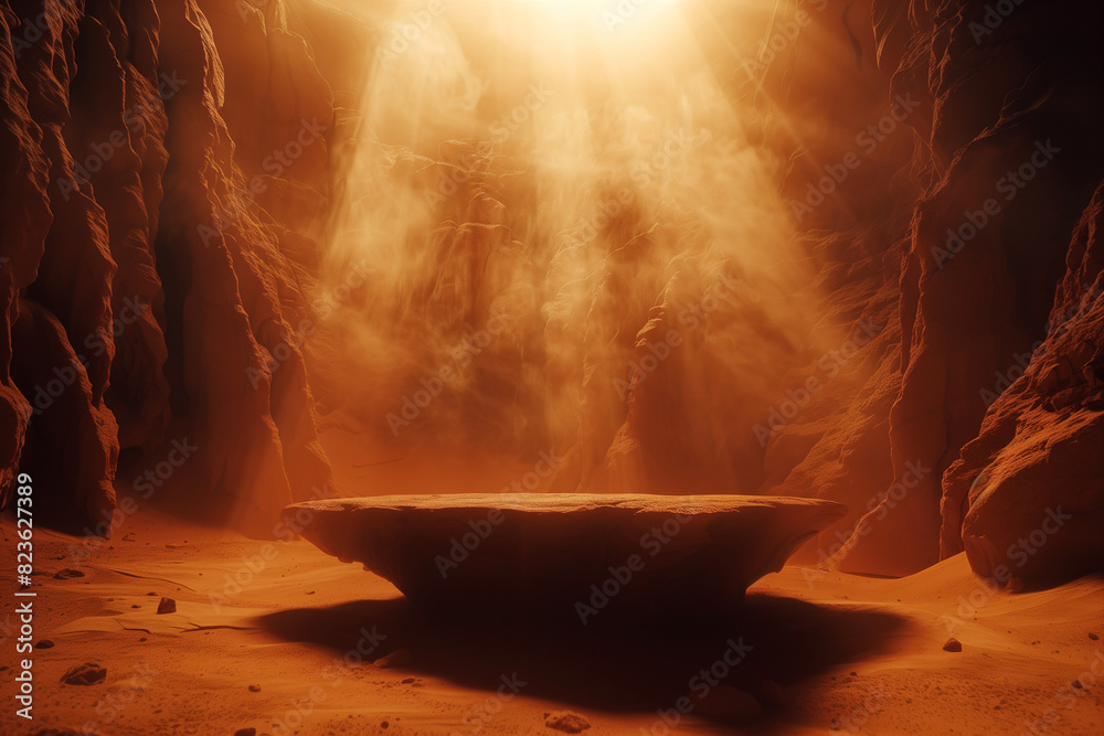 Product display on desert cave background. Stone podium showcase in ...