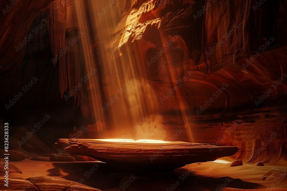 Product display on desert cave background. Stone podium showcase in ...