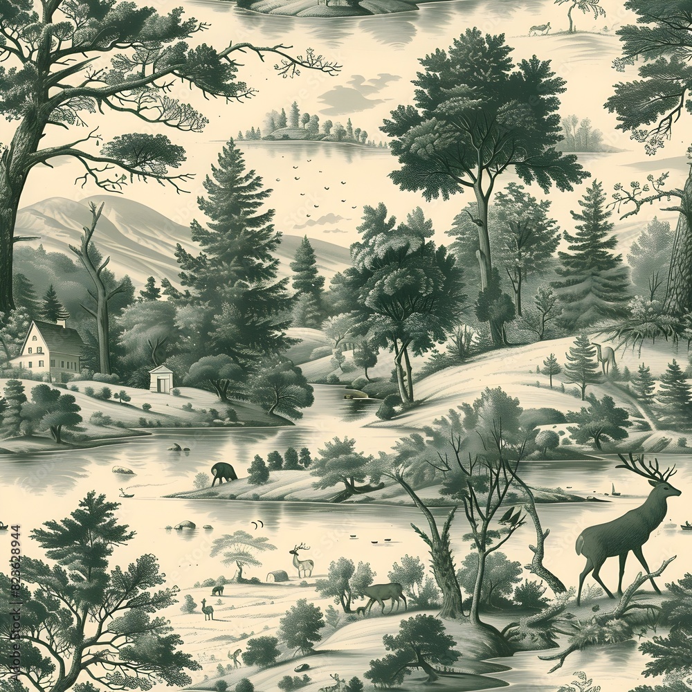 VintageStyle Toile de Jouy Pattern English Countryside Landscape with ...