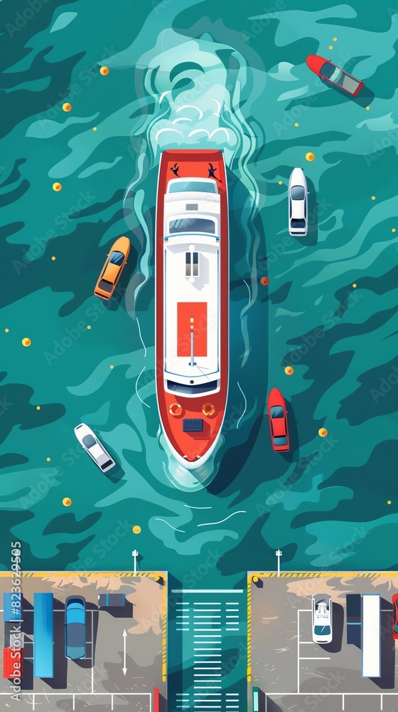 Car ferry transport flat design top view travel logistics theme water ...