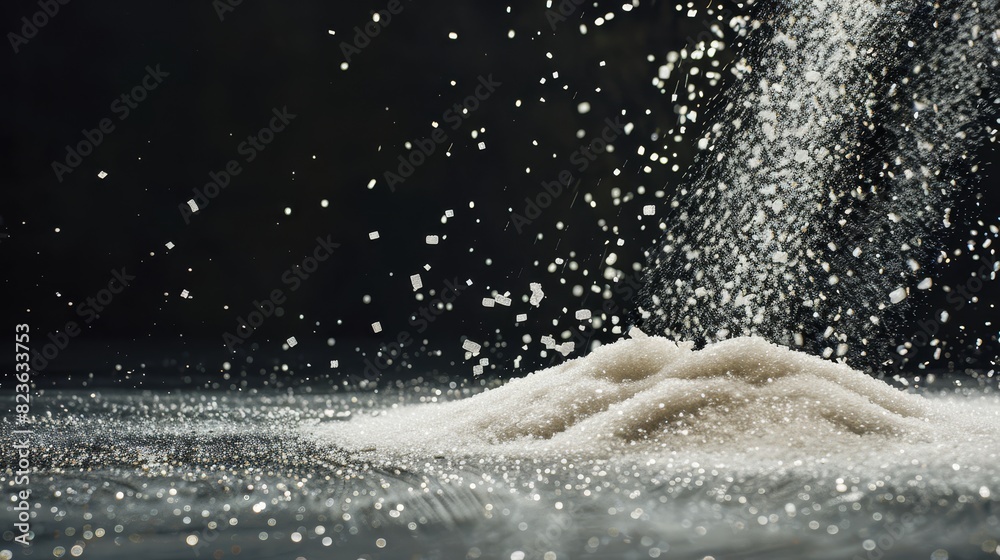 Side view, a cascading flow of fine sugar granules, surreal, caught mid ...