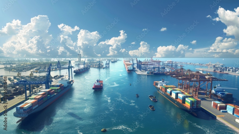 port located in a deep water harbor, with large container ships and ...
