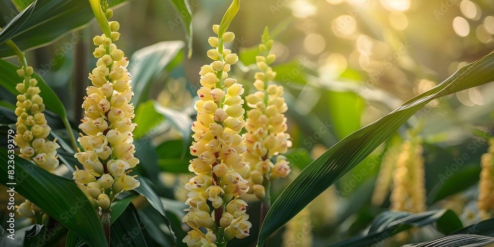 Detailed image of sugar cane plant with flowers and leaves. Concept ...