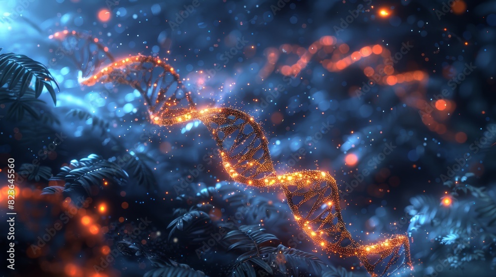 DNA with glowing auspicious symbols in the background. Double helix of ...