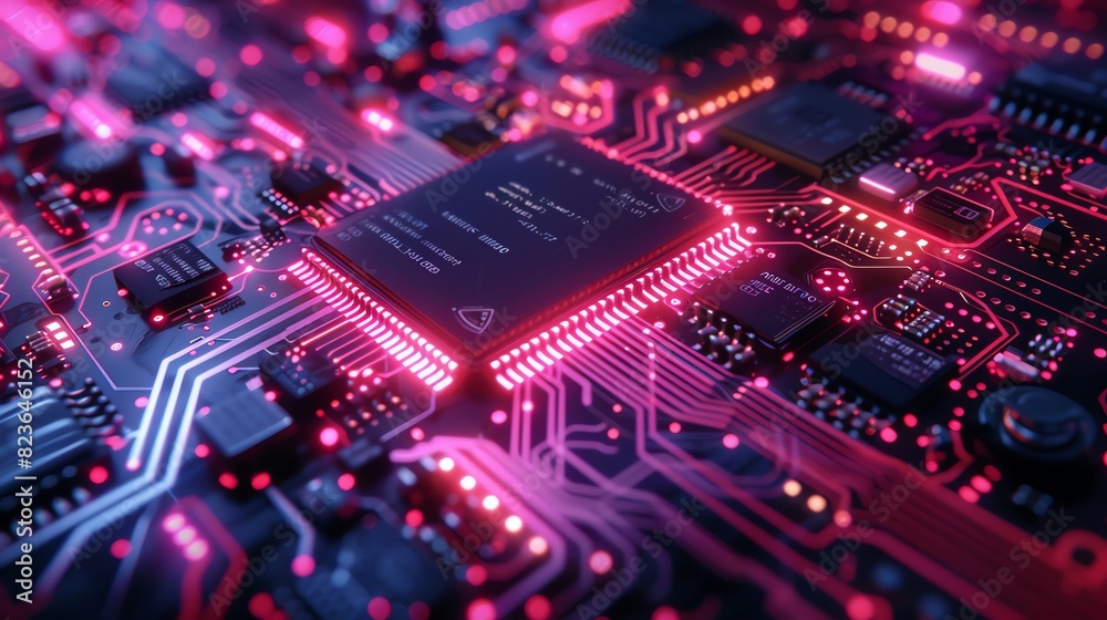 An illustration of a computer chip with glowing pink highlights. The ...