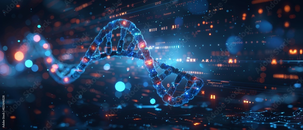 DNA with glowing auspicious symbols in the background. Double helix of ...
