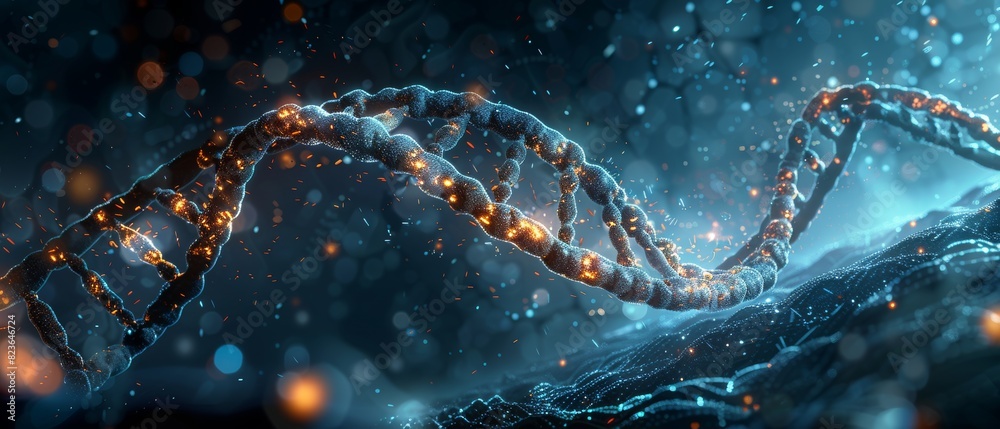 DNA with glowing auspicious symbols in the background. Double helix of ...
