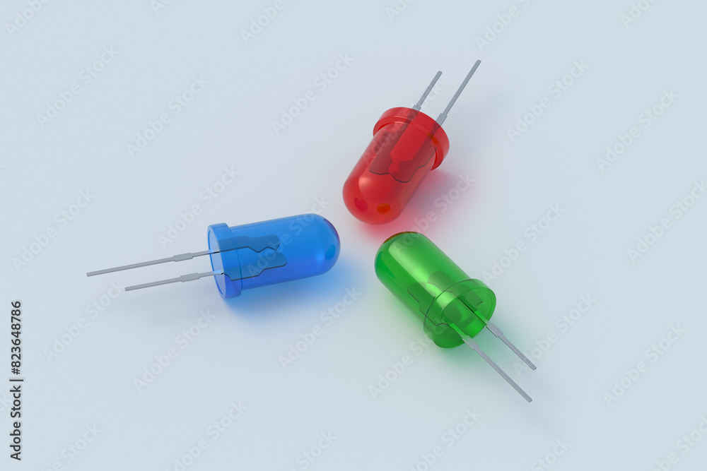 Scattered light-emitting diodes on gray background. Led bulb. Electronic component. Modern ...