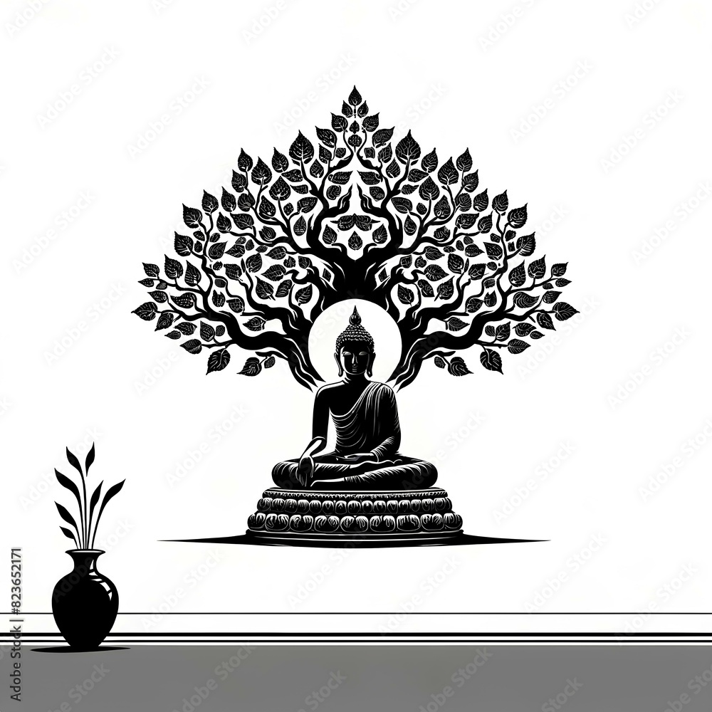 Buddha Meditating Under Bodhi Tree Illustration Monochromatic ...