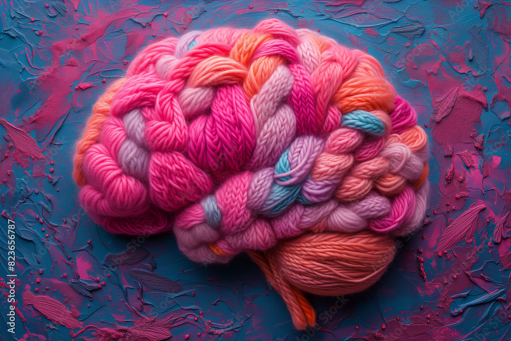 Human brain knitted with wool, self esteem and mental health concept ...