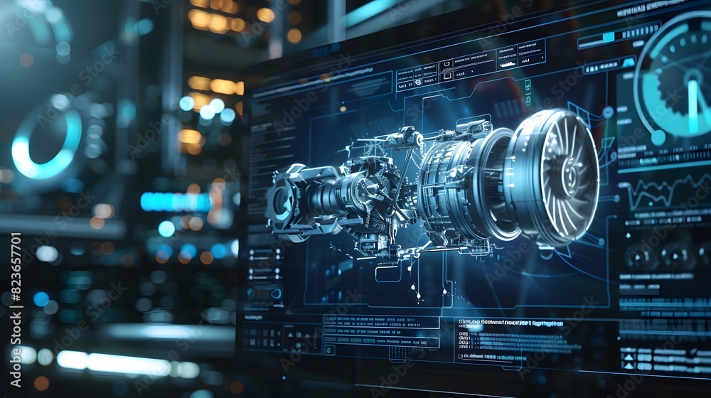 A computer monitor displays a blue and white image of a jet engine ...