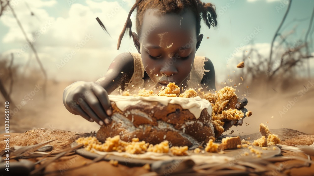 Dramatic image of a child joyfully eating a cake amidst a dusty ...