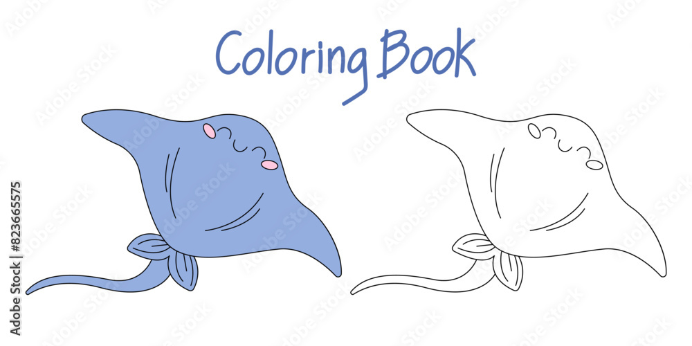 Vector illustration with a cute funny cartoon sea stingray in a ...