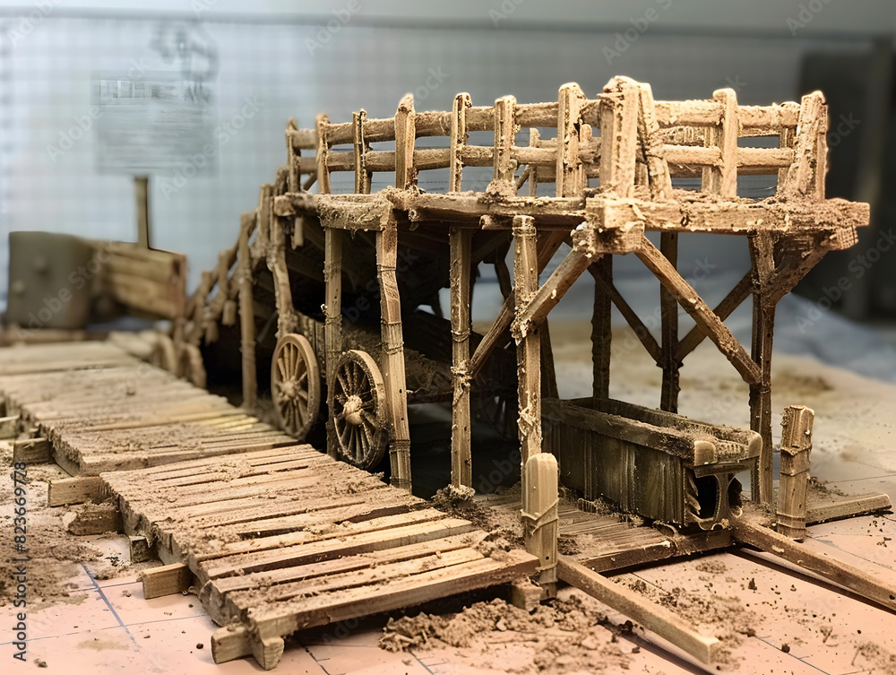 Intricate Scale Model of Rustic Wooden Mining Structure with Textures ...