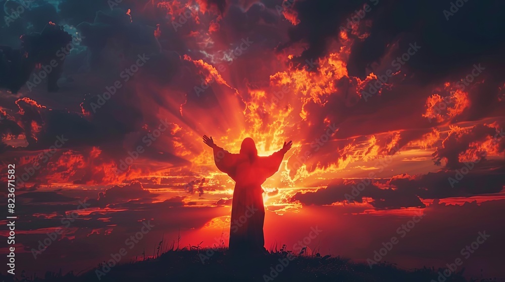 jesus christ with arms raised to sky salvation and resurrection concept ...