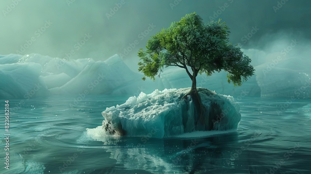 resilient green tree thriving on solitary iceberg adrift at sea ...