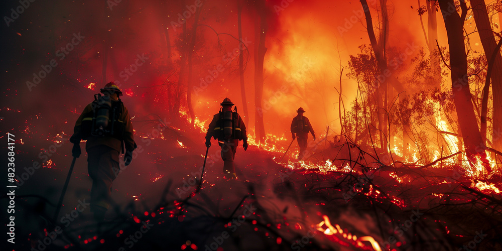 Professional firefighters extinguish a large forest fire. A team of ...
