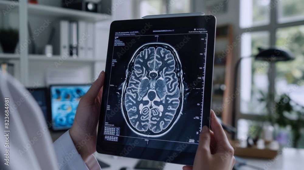 In the modern setting a doctor uses an iPad displaying their upper body ...