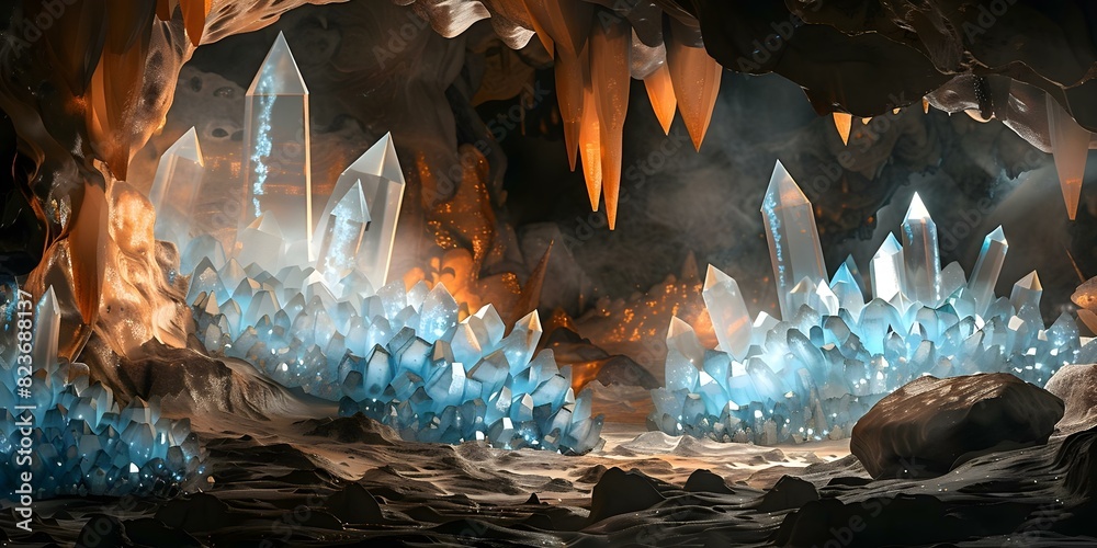 A game with a dark cave setting featuring blue gem crystal clusters ...