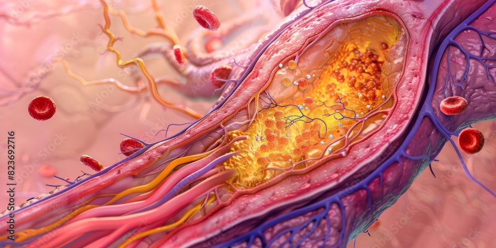 Medical diagram of heart with atherosclerosis, detailed, informative ...
